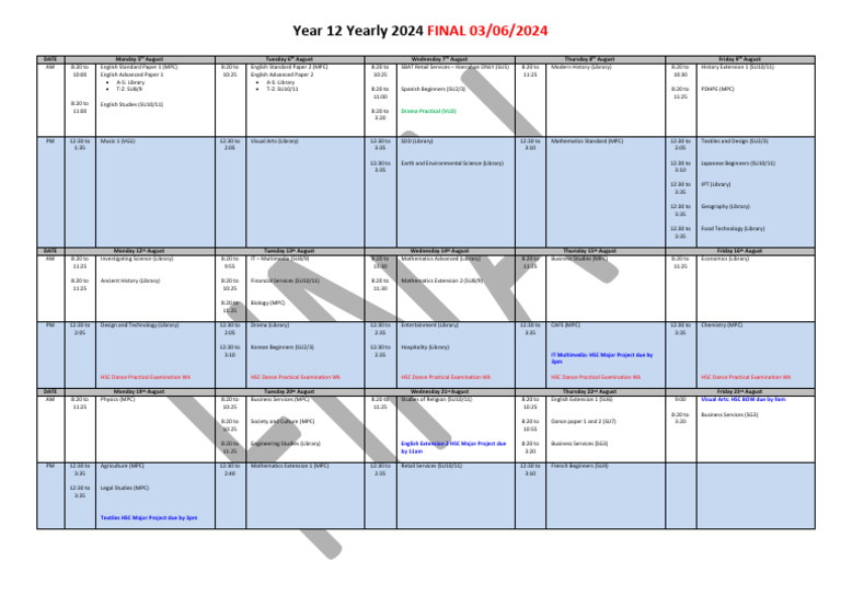 Year 12 2024 Exam Schedule | PDF | Science