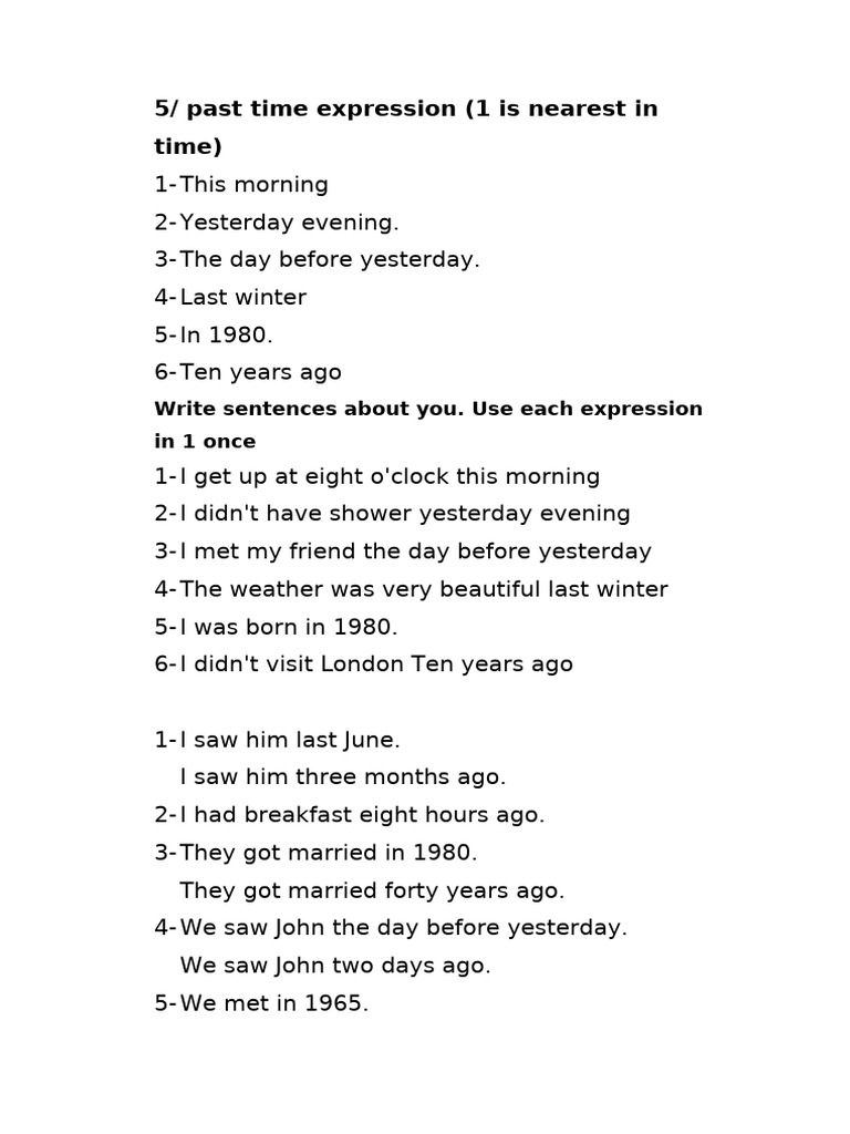 5/ Past Time Expression (1 Is Nearest in Time) : Write Sentences About ...