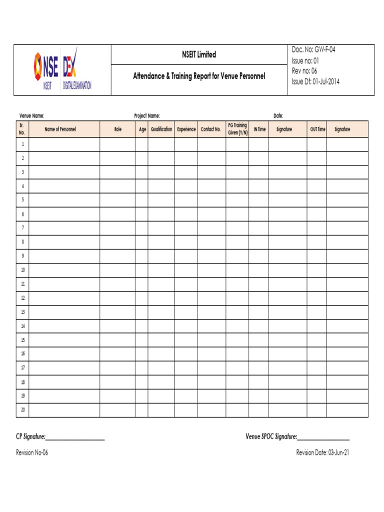 GW-F-04 - Rev06 - Attendance & Training Report For Venue Personnel | PDF