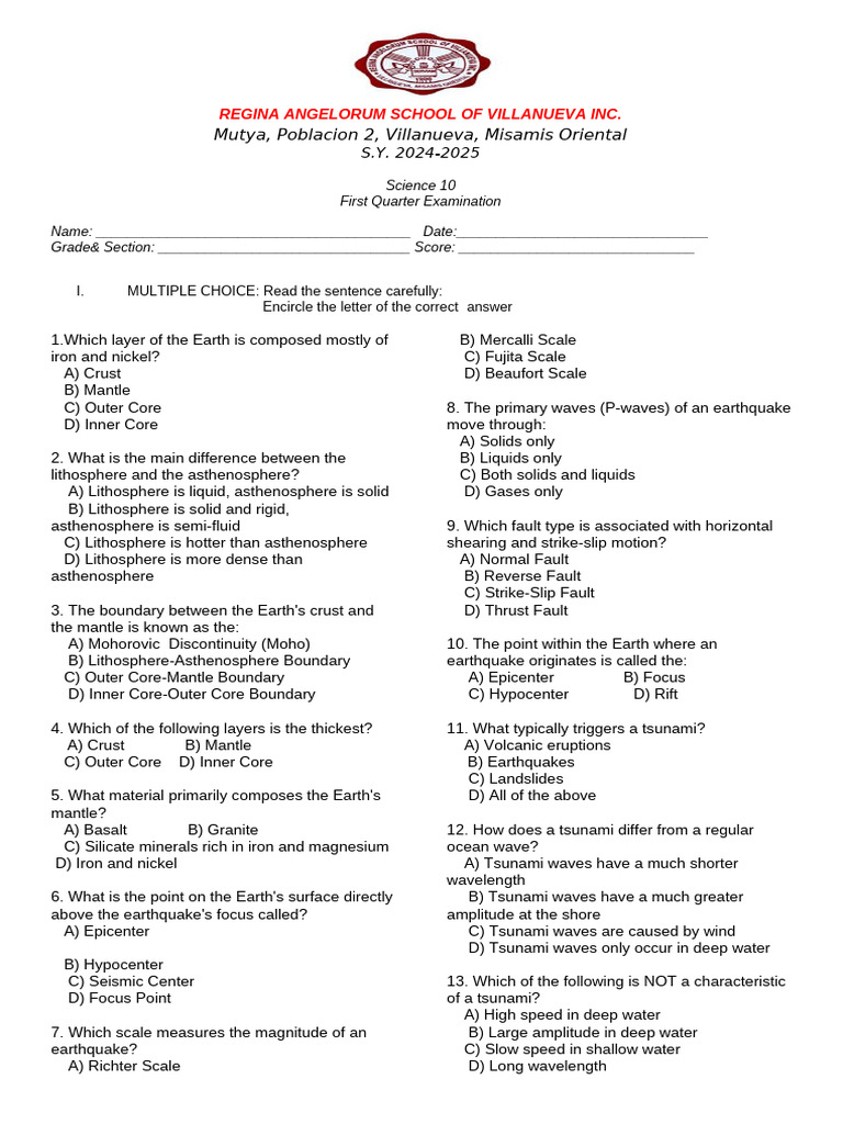 Grade 10 Pre test | PDF | Plate Tectonics | Volcano