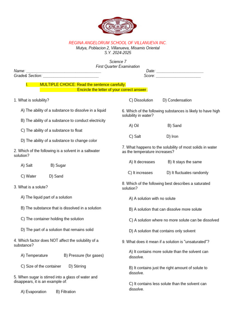 Grade 7 - Pre Quarter Exam | PDF | Gases | Liquids