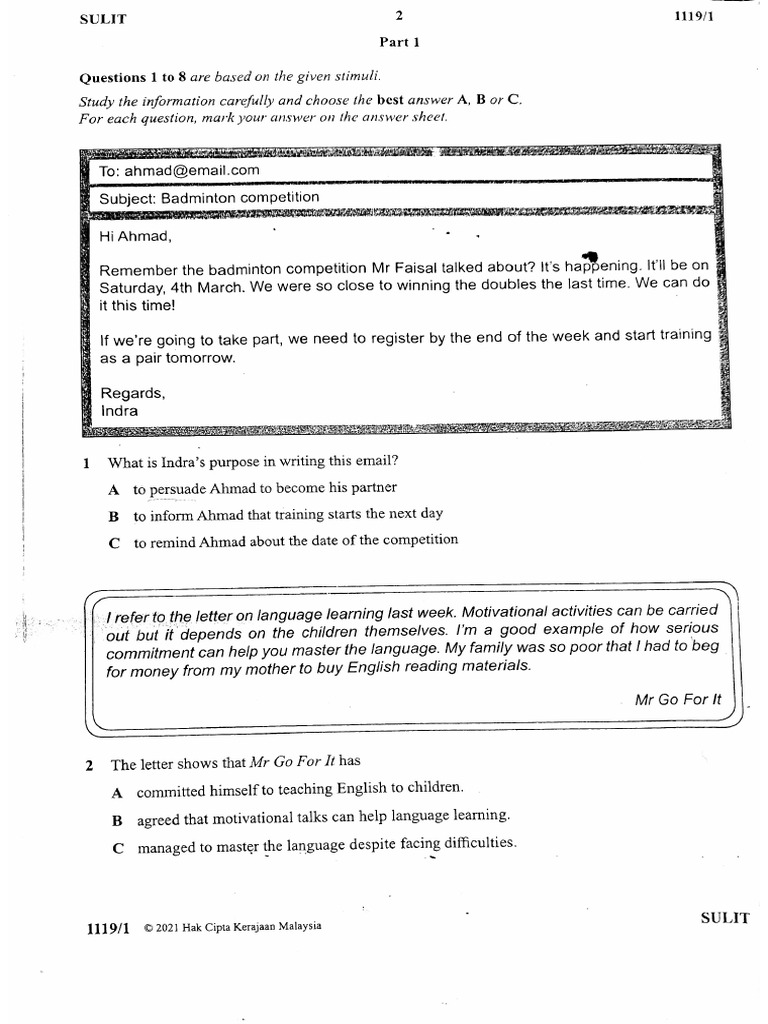 SPM 2021 Set 1 Reading Paper | PDF