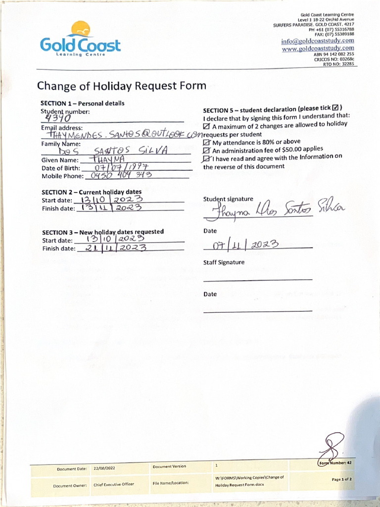 Change of Holiday Request Form | PDF