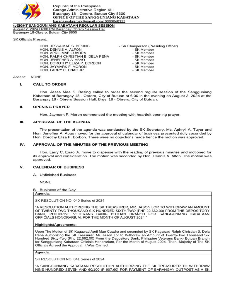 Eight Sangguniang Kabataan Regular Session | PDF