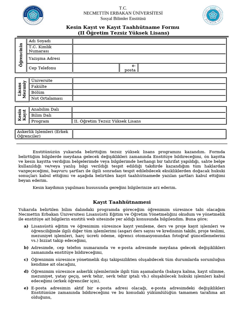 23 - 6 - Tezsiz YL. Kesin Kayıt Ve Kayıt Taahütnamesi Formu 2 | PDF