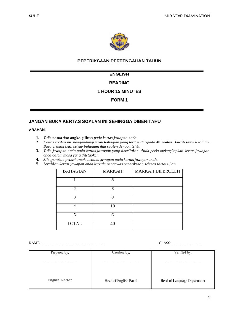 Form 1 Midterm Question Paper 1 2022 | PDF