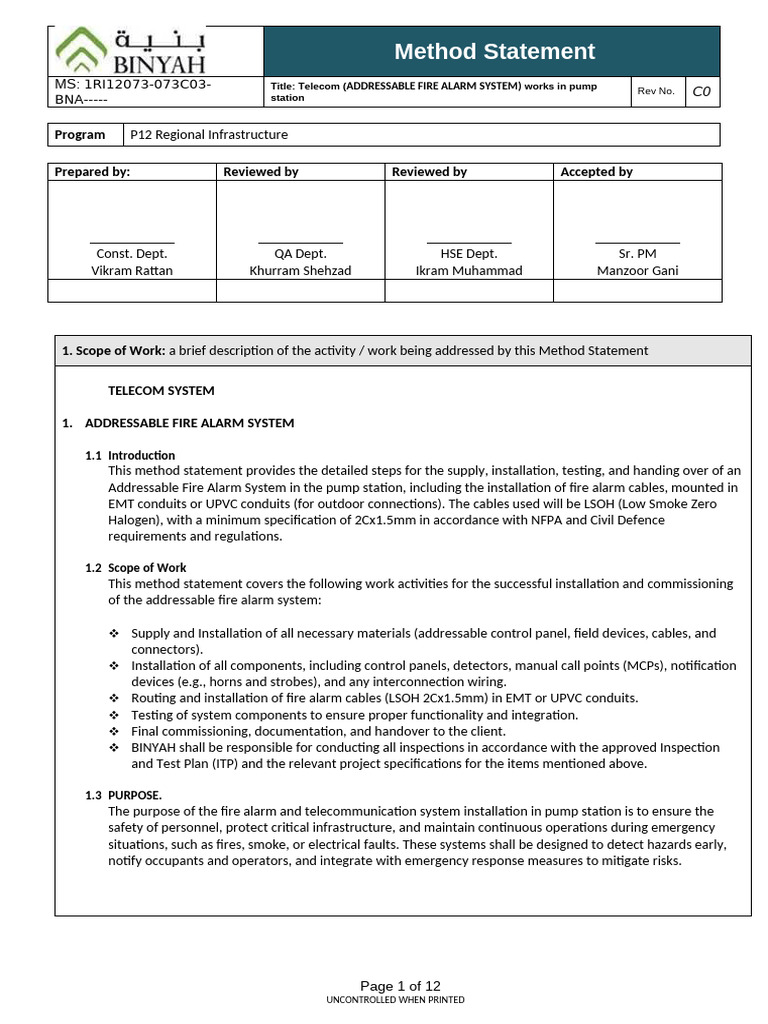 Method Statement Risk Assessment For Telecom Works - FA in Pump Station ...
