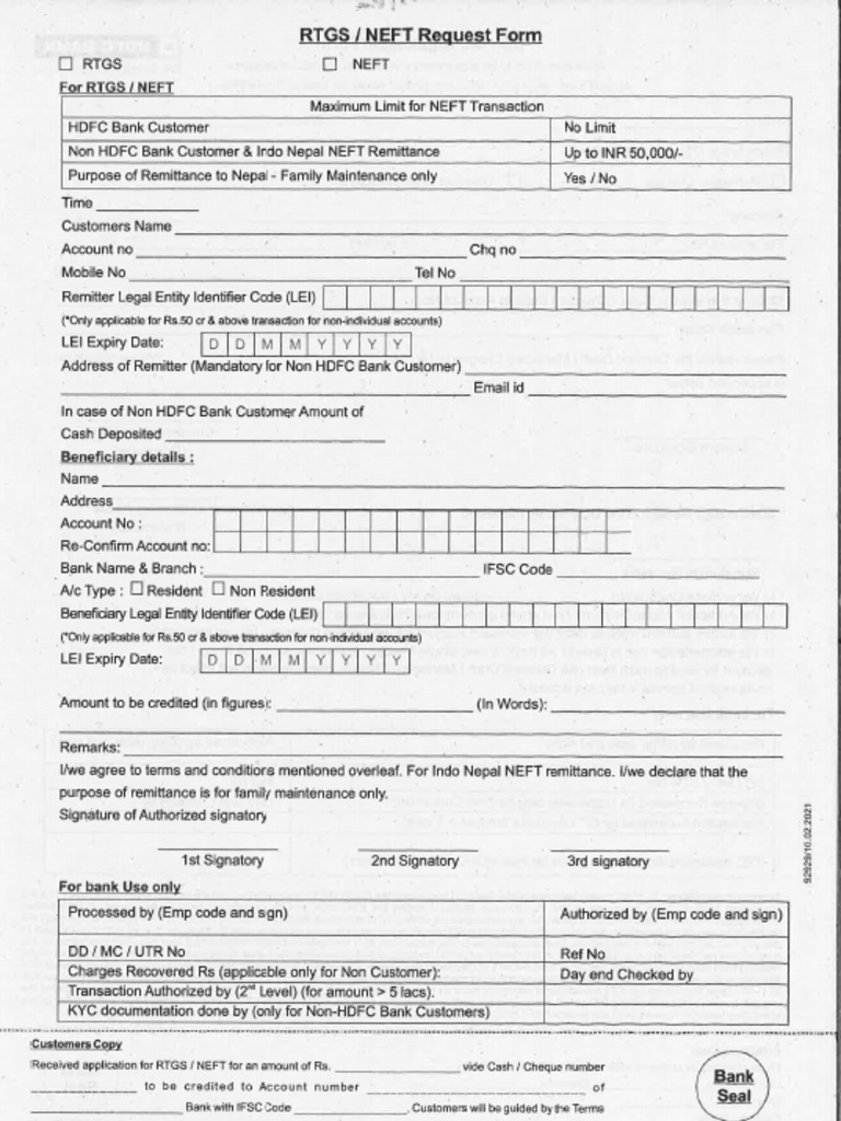 HDFC RTGS Form | PDF