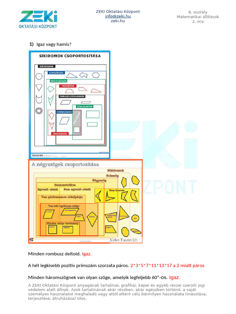 Nyolcadikos Matek 02 Óra Matematikai Állítások | PDF