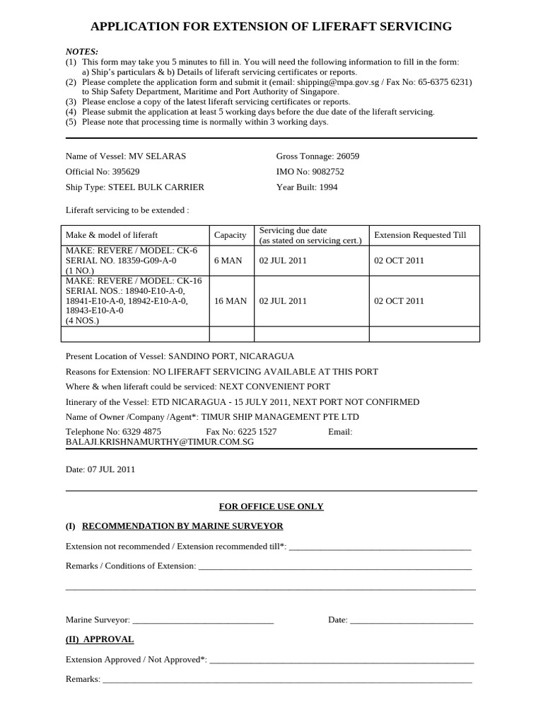Liferaft Servicing Extension Form | PDF | Freight Transport | Watercraft