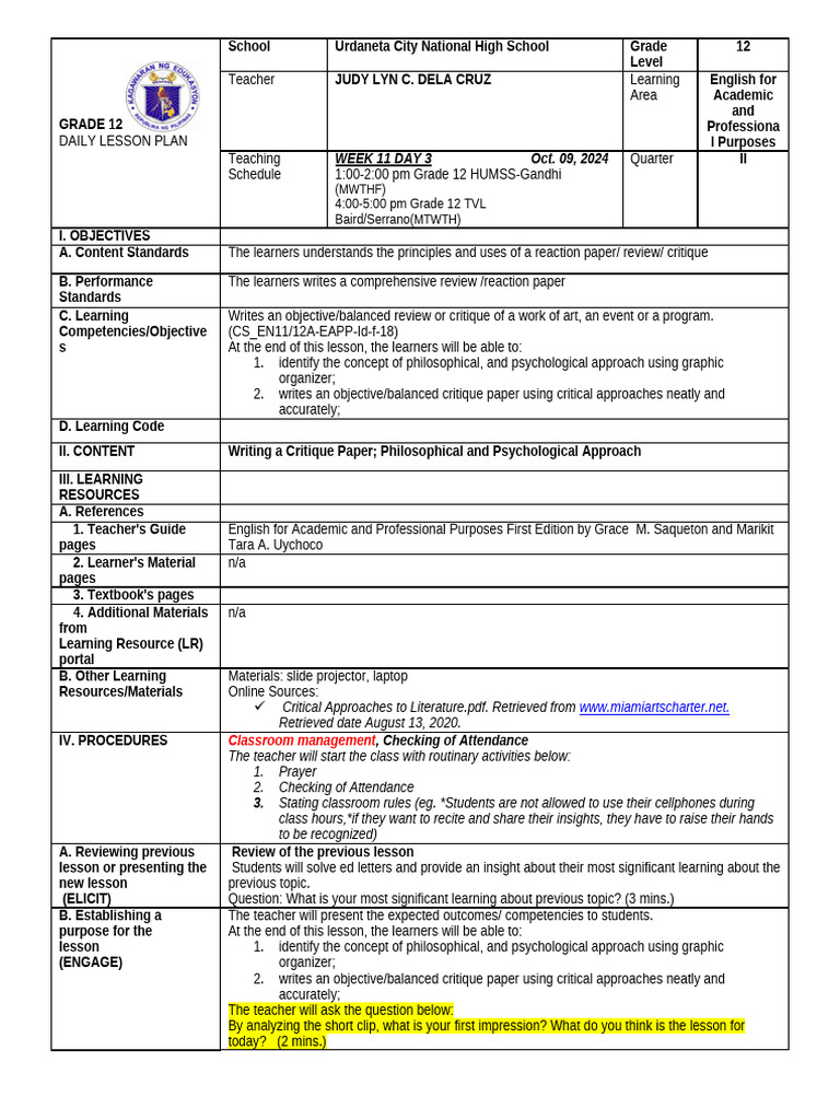 EAPP DLP WEEK 11 Day 1oct. 14 | PDF | Id | Psychology