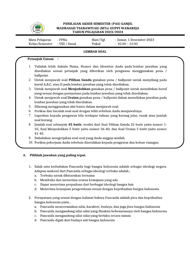 Pas PKN 8 Soal Kunci | PDF