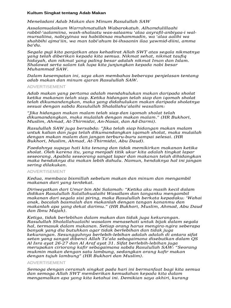 Kultum Adab Makan Menurut Rasulullah | PDF