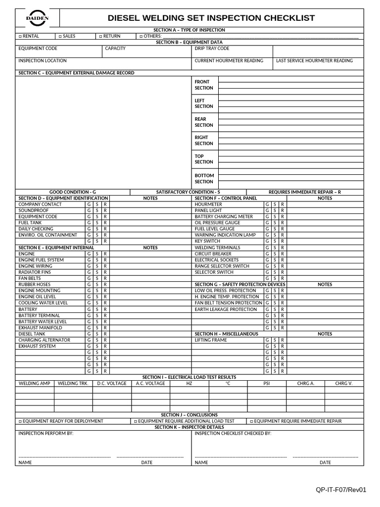 QP-IT-F07 Diesel Welding Set Inspection Checklist (Rev01) | PDF ...