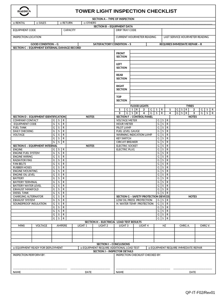 QP-IT-F02 Tower Light Inspection Checklist (Rev01) | PDF | Electrical ...