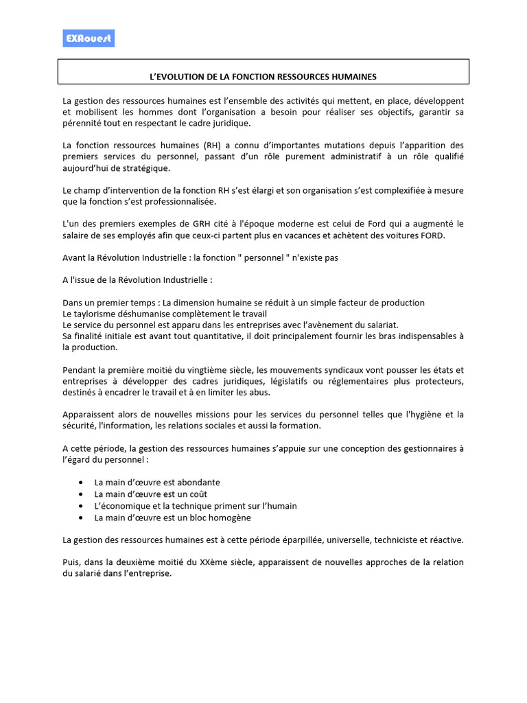 Évolution des Ressources Humaines | PDF | Gestion des ressources ...