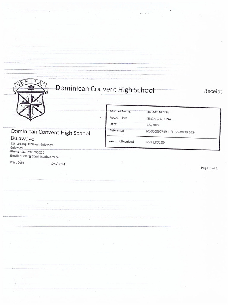 Nesisa Nkomo Fees Receipt Term 3 2024 | PDF