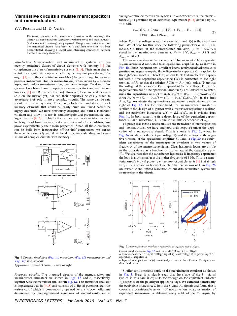 Memristive Circuits Simulate Memcapacitors and Meminductors: Y.V. Pershin and M. Di Ventra | PDF ...