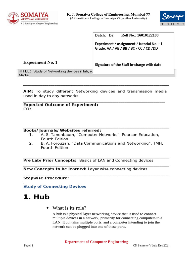 CN Exp1 16010122188 | PDF | Computer Network | Network Switch