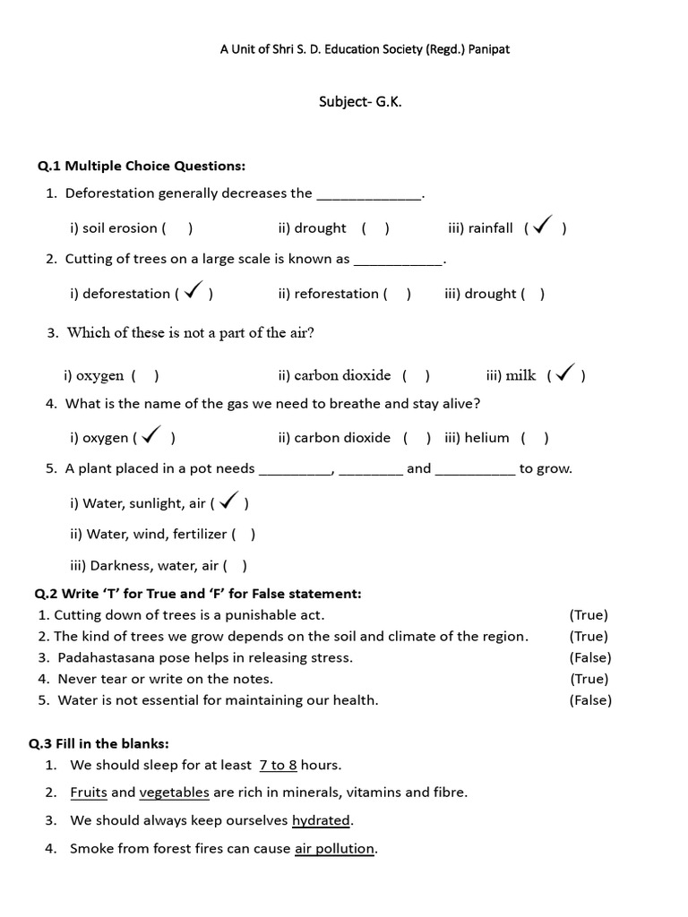 Answer Key G.K. Assignment Class - 4 | PDF | Trees | Soil
