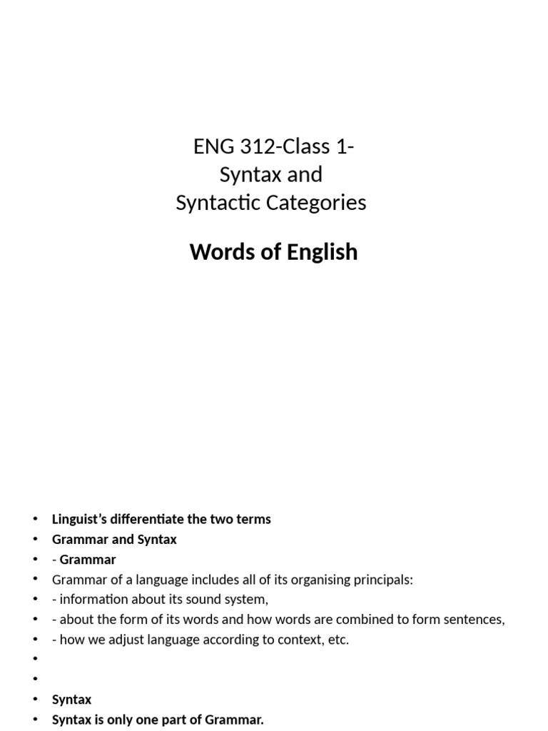 Syntax - Notes 1 - Words of English | PDF | Phrase | Part Of Speech