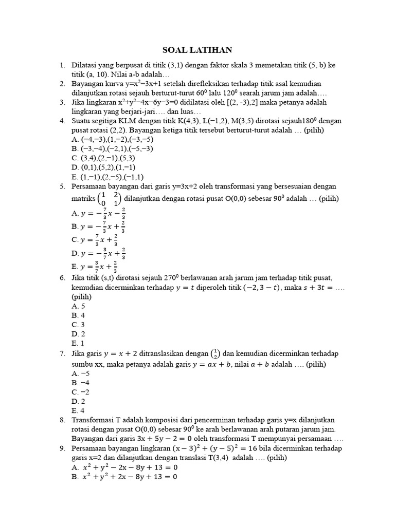 SOAL LATIHAN TRANSFORMASI GEOMETRI KELAS 11 - Kurikulum Merdeka | PDF
