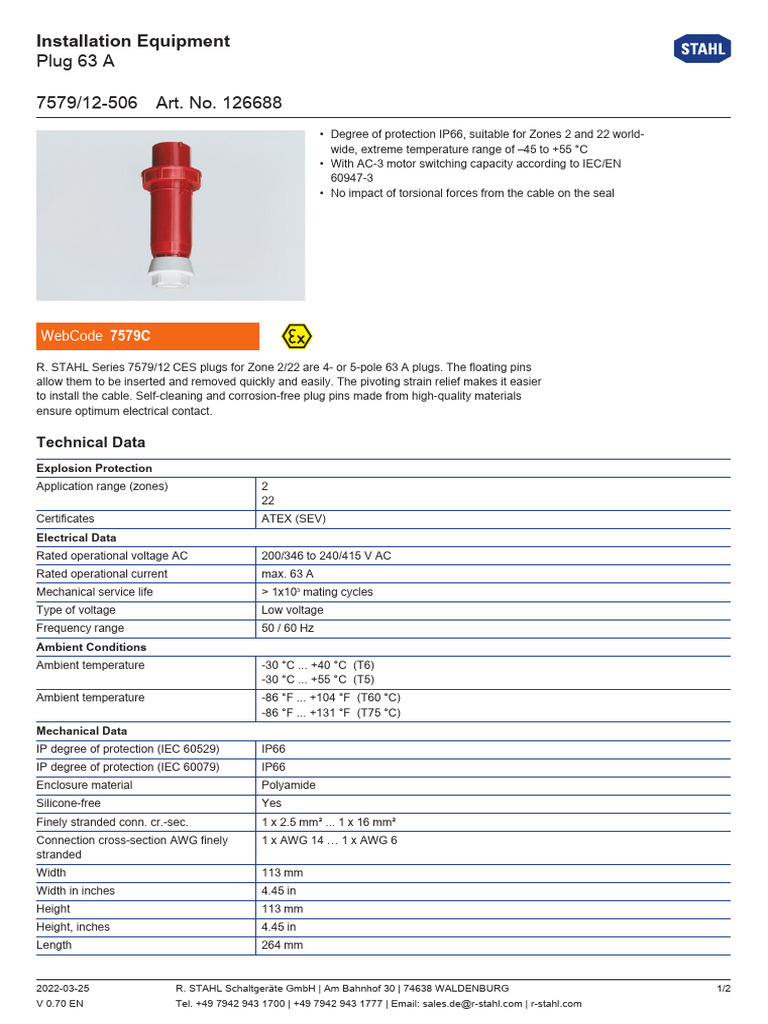 Ex Single Data Sheet Plug 63 A 7579 12 506 126688 en GB Rstahl | PDF ...