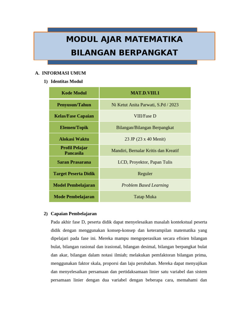 Modul Ajar Bab I Bilangan Berpangkat | PDF