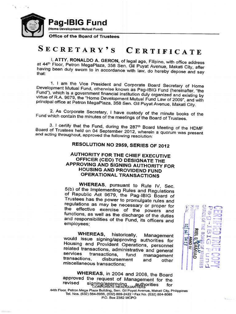 Secretary's Certificate PAG-IBIG | PDF