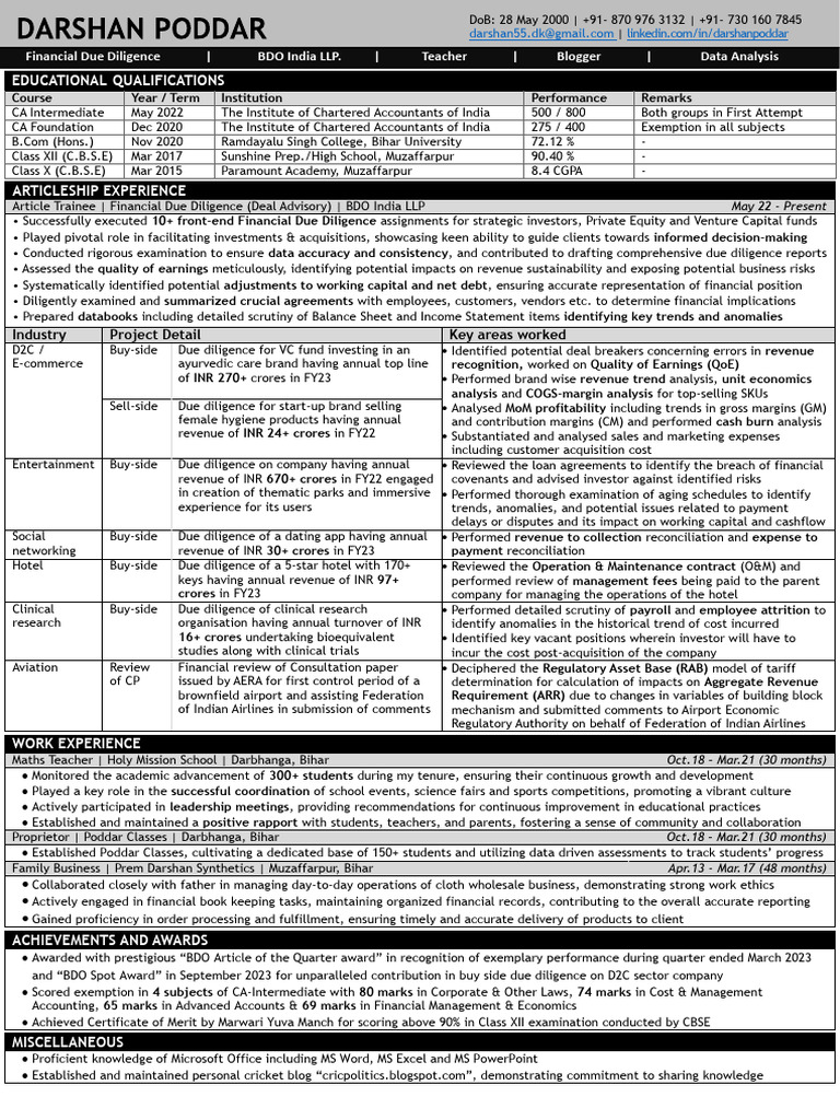 Darshan Poddar - CV - Industrial Training | PDF | Due Diligence | Venture Capital