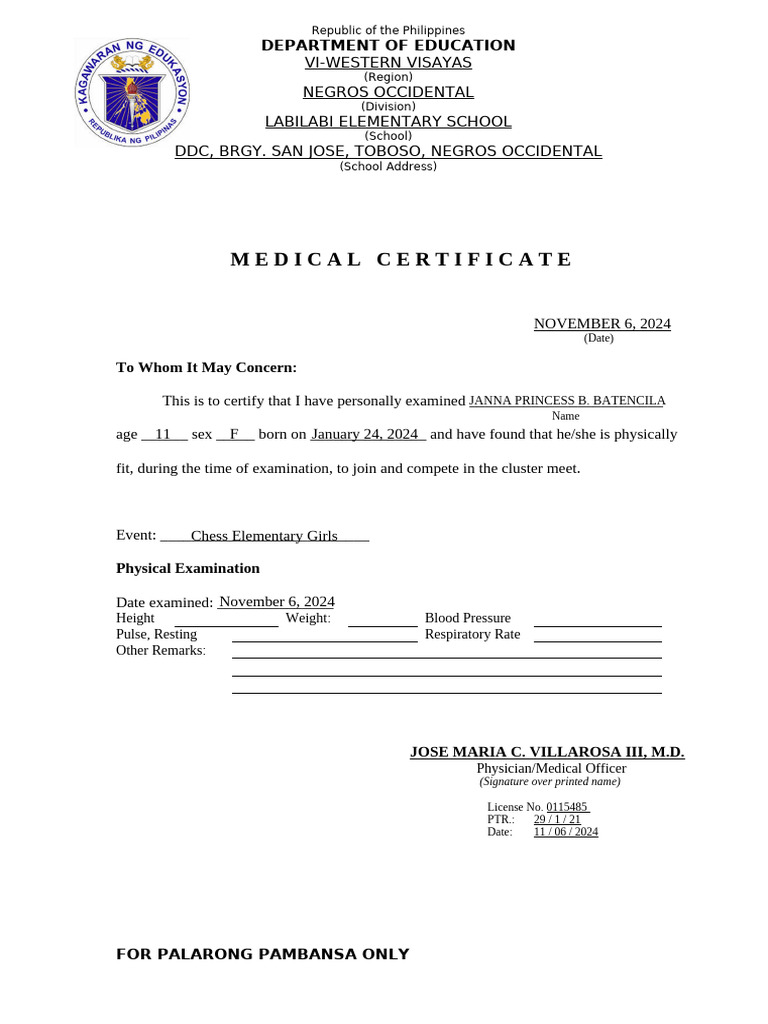 Medical Certificate for School Sports | PDF
