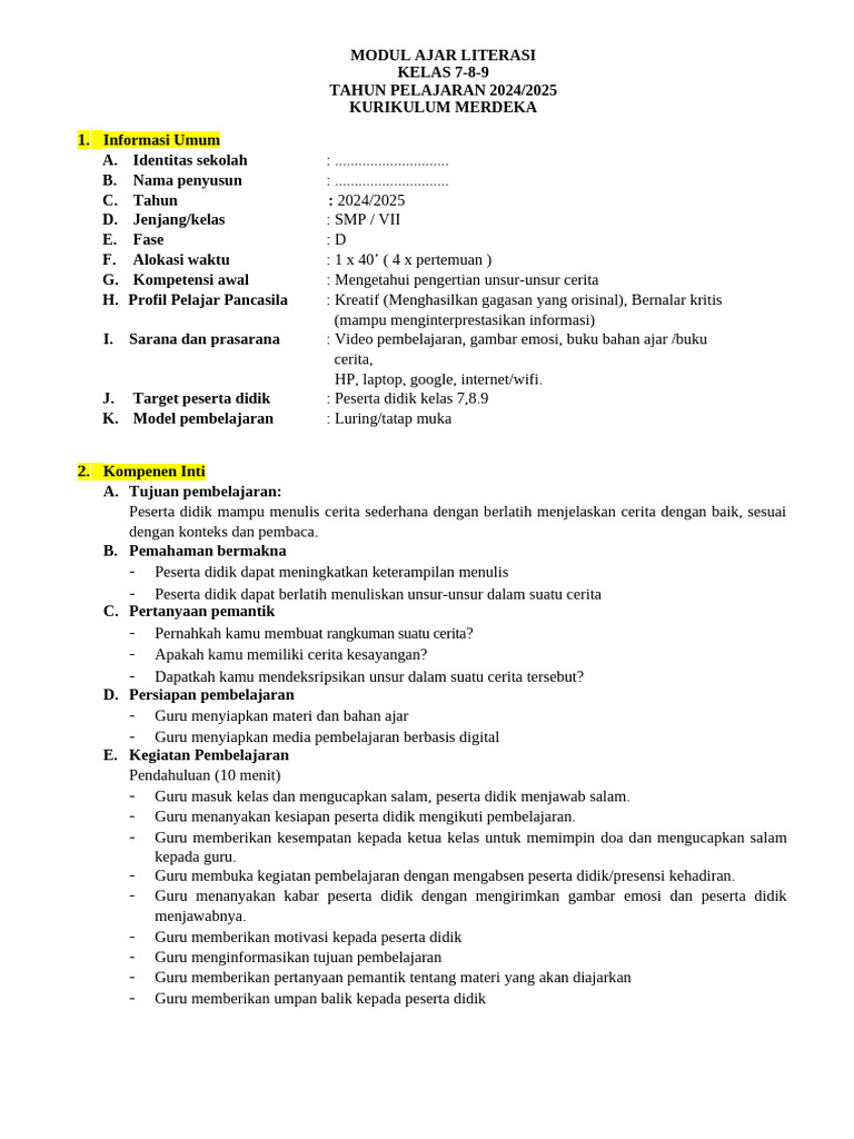 Modul Ajar Literasi SMP 2024/2025 | PDF | Karier & Perkembangan ...