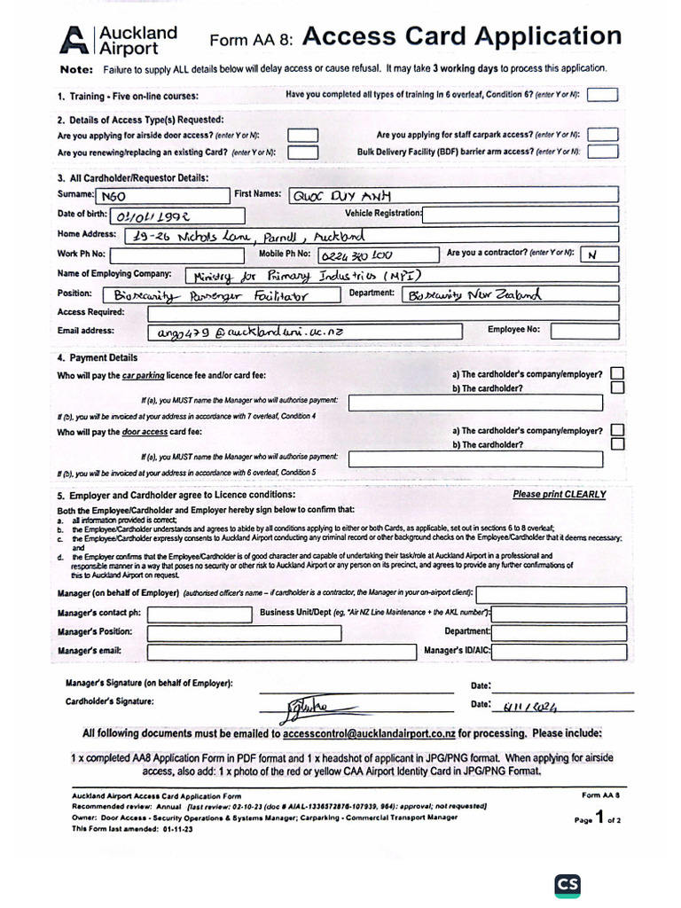 Access Card Application Form - Anh Ngo | PDF