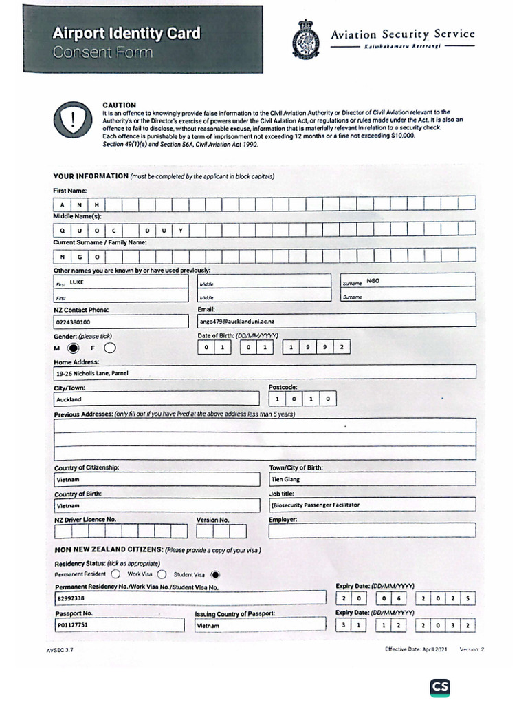 AVSEC FORM - Anh Ngo | PDF