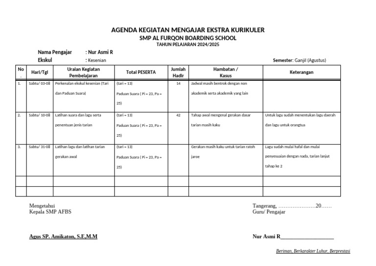 Form. Agenda Kegiatan Ekskul Agustus | PDF