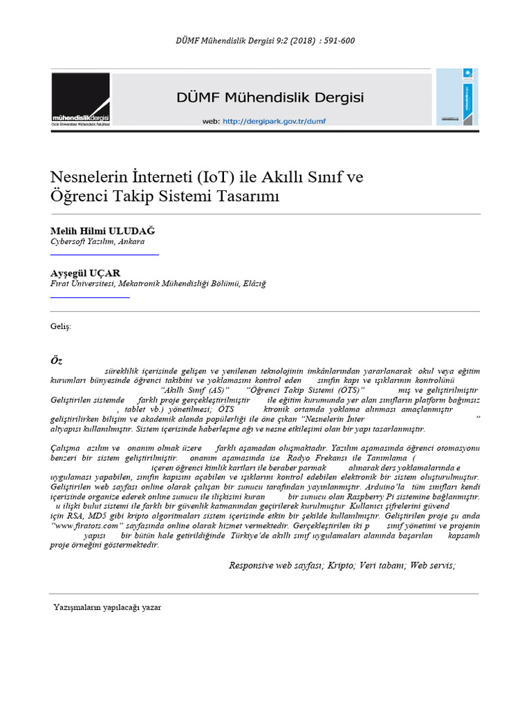 Nesnelerin - Nterneti (IoT) Ile Ak - LL - S - N - F Ve - Renci Takip Sistemi Tasar - M ...