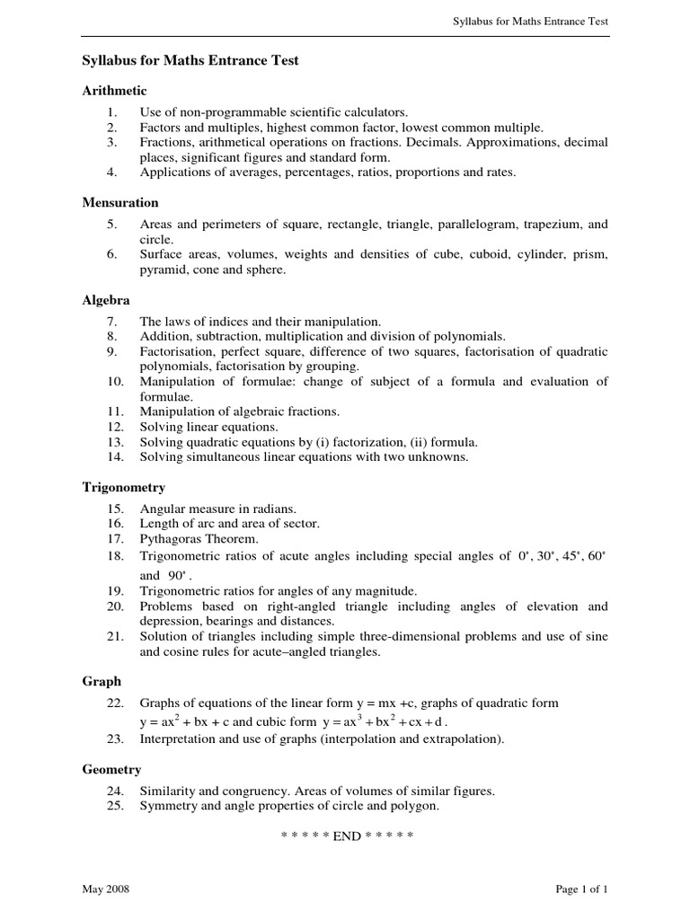 Syllabus Maths Entrance Test PDF | PDF | Area | Quadratic Equation