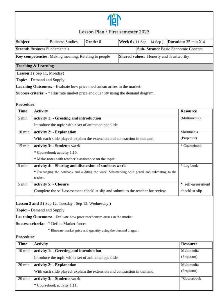 LESSON PLAN - Gr.8 - BS - T1 - Week 6 | PDF | Demand | Supply And Demand