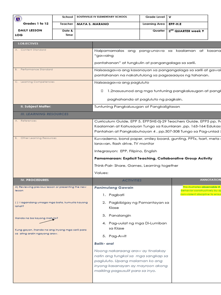 Q1 COT EPP 5 HE WEEK 9 Nasusunod Ang Mga Tuntuning | PDF