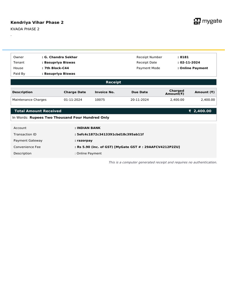 Receipt-7th Block-C44 | PDF