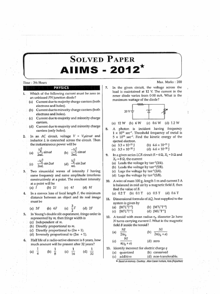 AIIMS BSc Nursing Question Papers PDF | PDF
