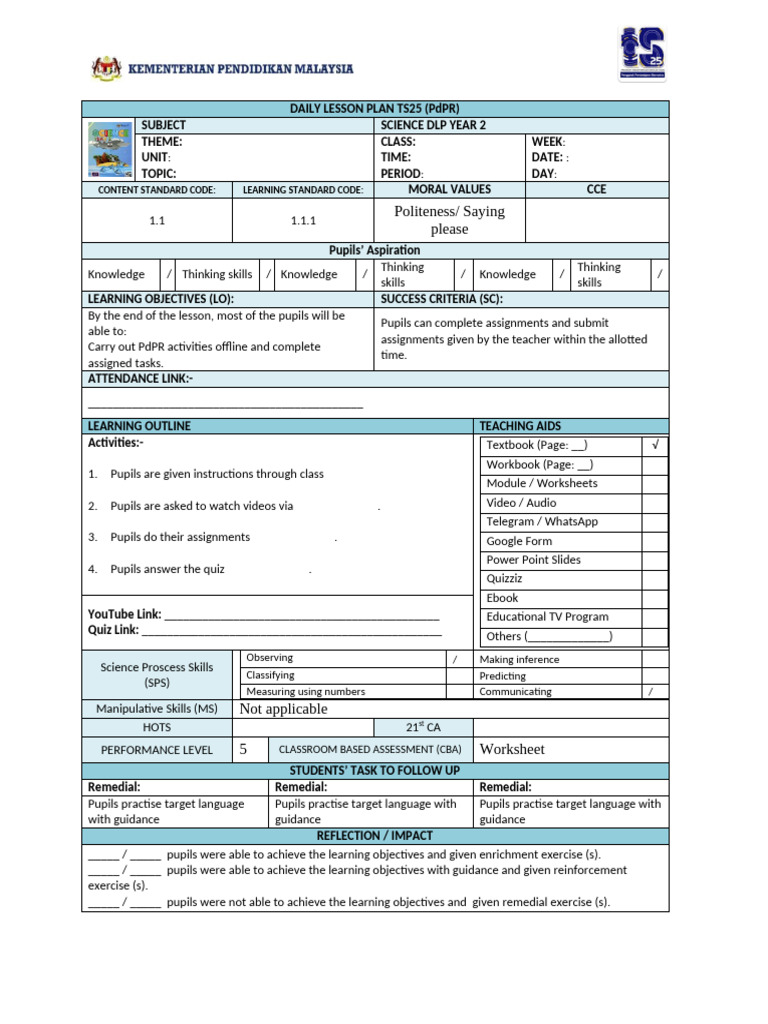 SC Y2 TS25 PDPR (Template) | PDF | Learning | Lesson Plan