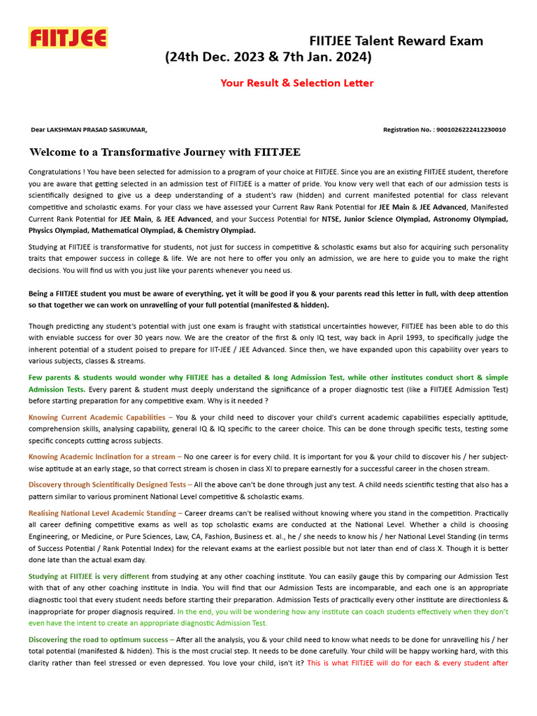 FIITJEE Talent Reward Exam - 2023 Result | PDF | University And College ...