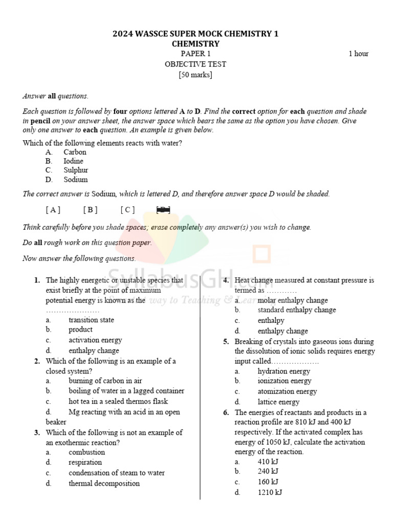 2024 WASSCE Chemistry Mock Test | PDF | Chemical Reactions | Water