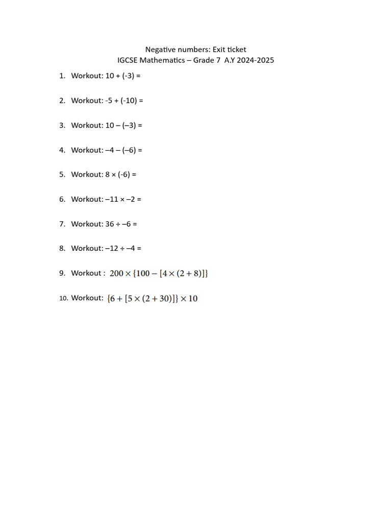 Negative Numbers - Exit Ticket | PDF