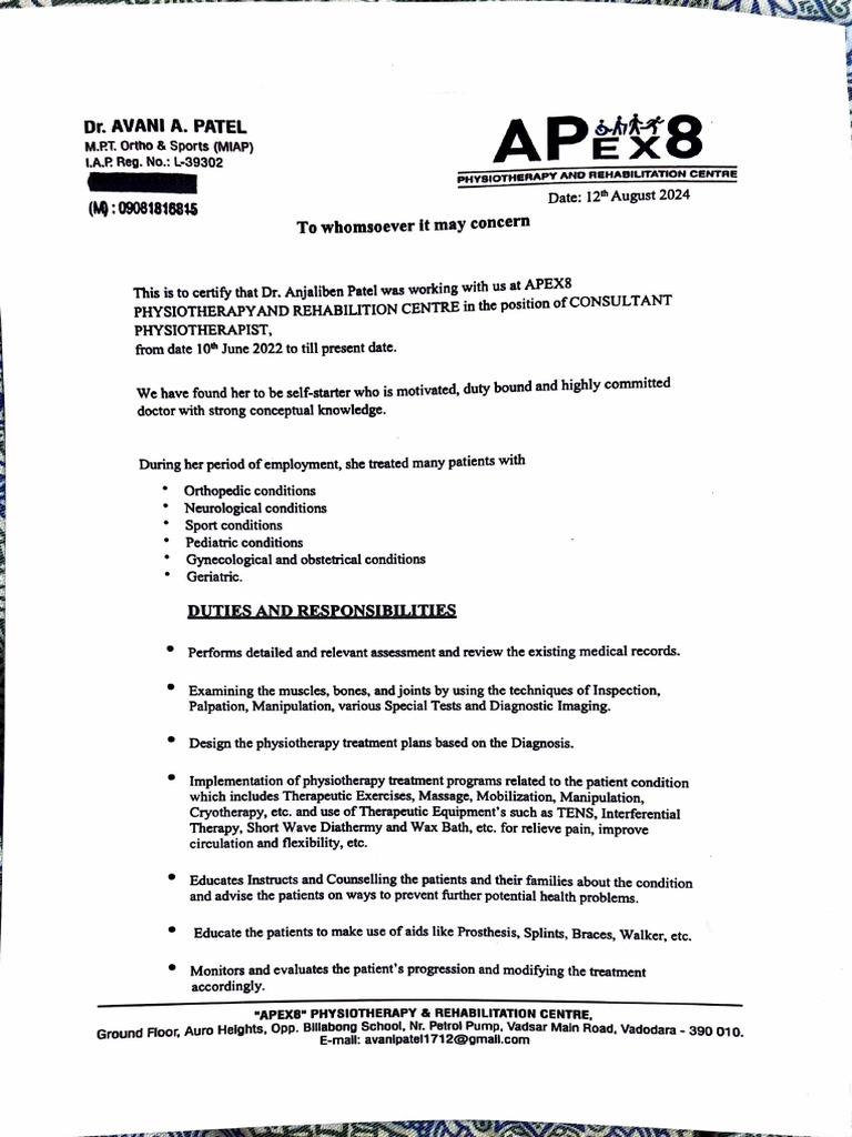 work LOR (2) (1)----- new | PDF | Physical Therapy | Diseases And Disorders