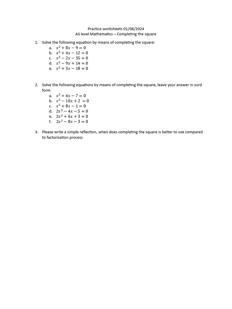 Practice Worksheets Completing The Square | PDF