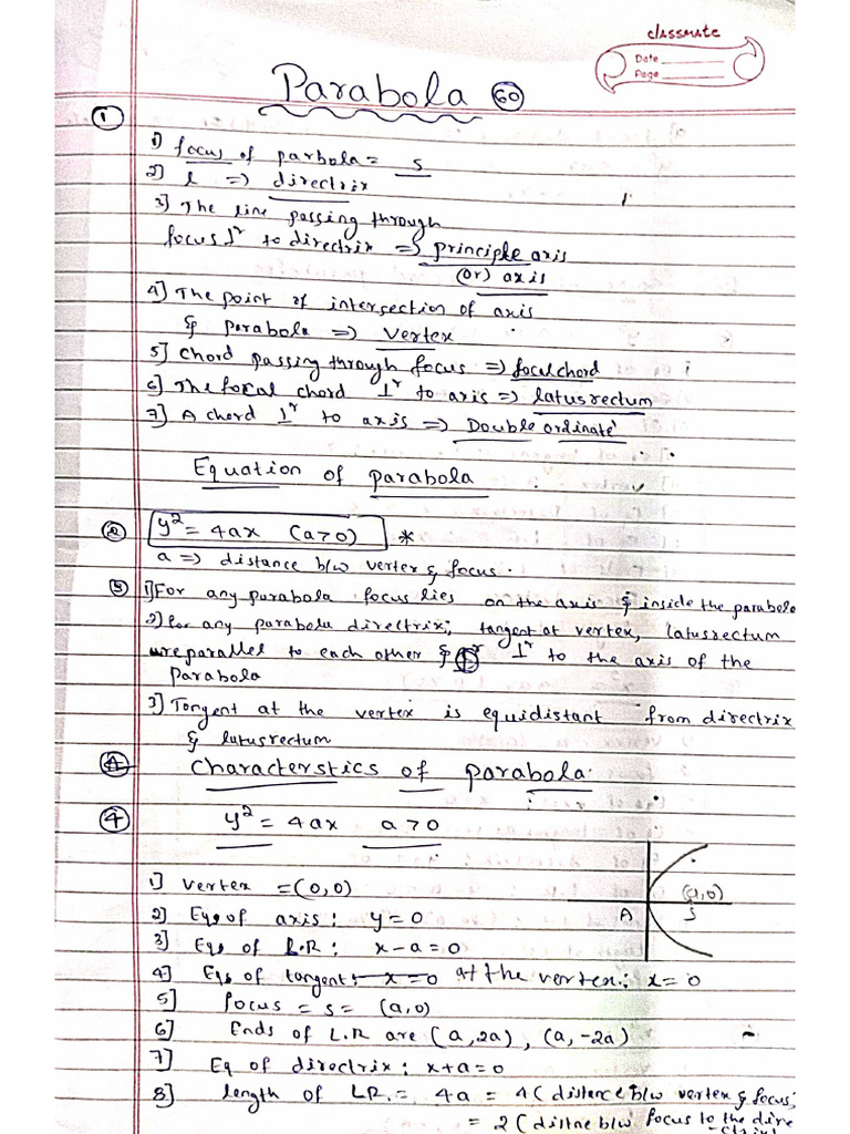 Parabola Short Notes | PDF