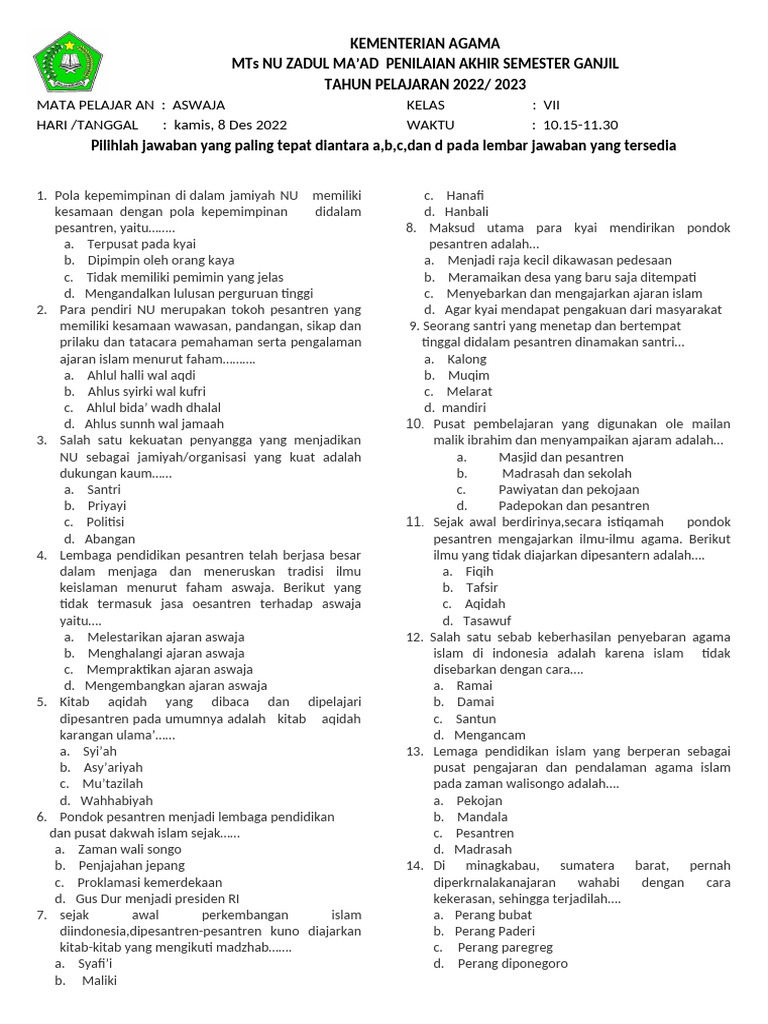 Soal S Ganjil Aswaja 7 2022.22023 | PDF