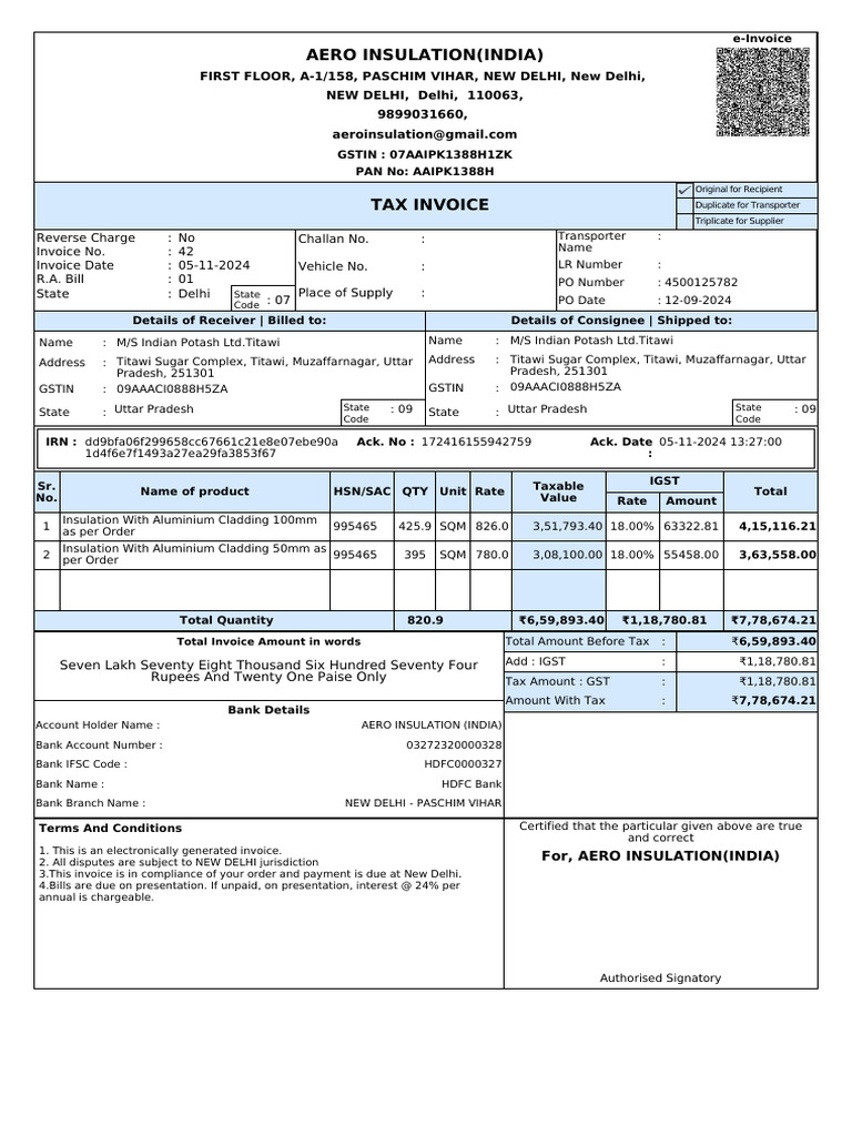 Tax Invoice for Aero Insulation India | PDF | Economy Of India | Public ...